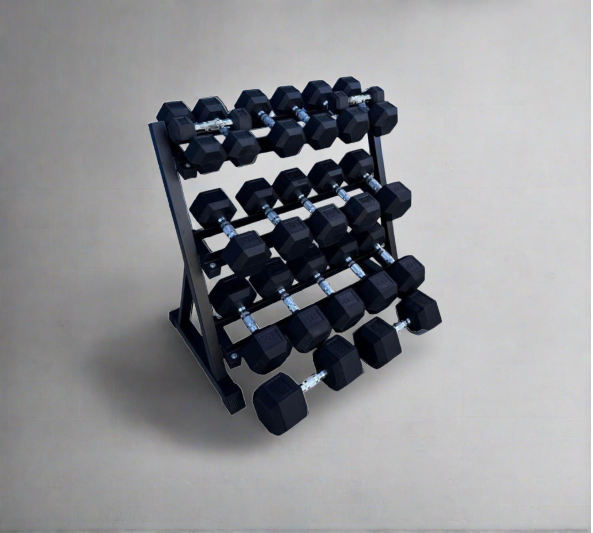Flash Fitness Rubber Hex Dumbbell Set + Weight Rack Bundle 5-50lbs